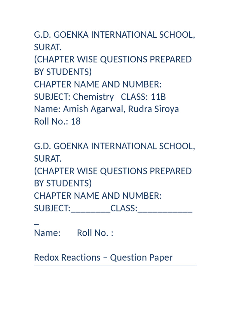 Redox Reactions Question Paper | PDF | Redox | Chemical Reactions
