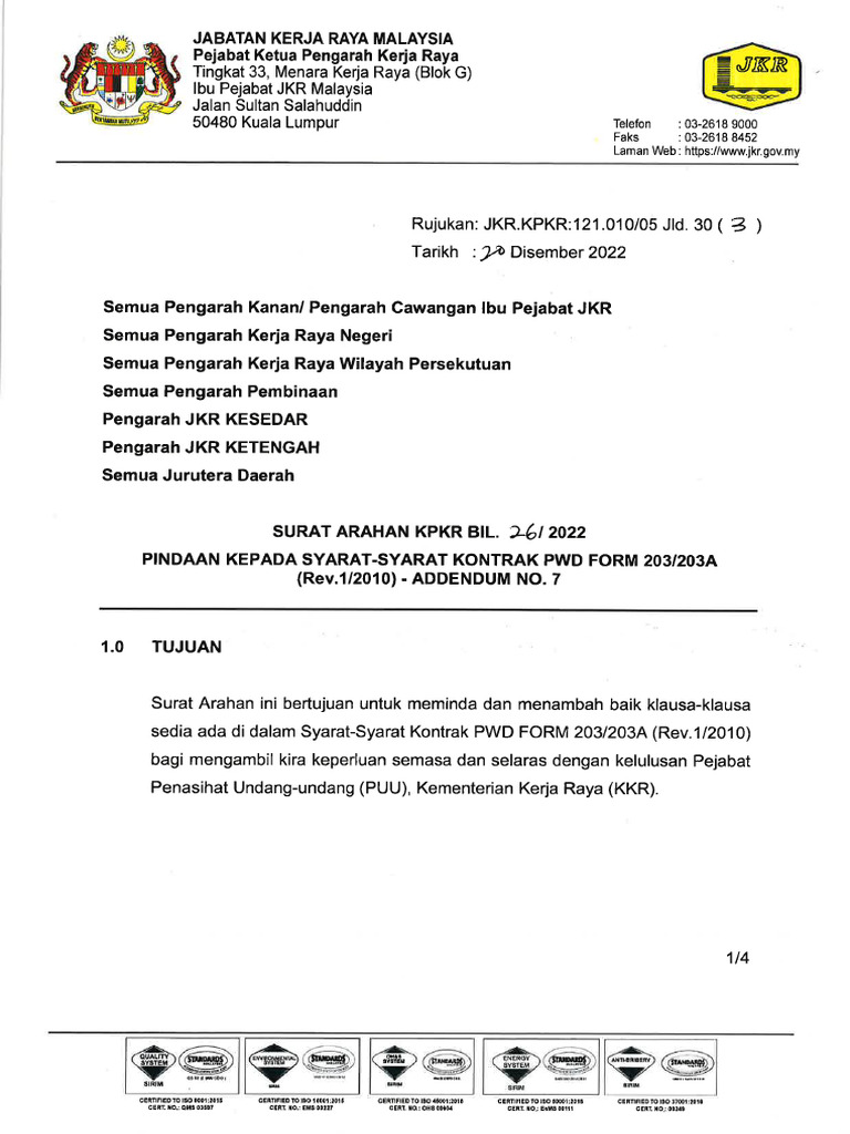 JKR 203A - Surat Arahan Pindaan 2022 | PDF