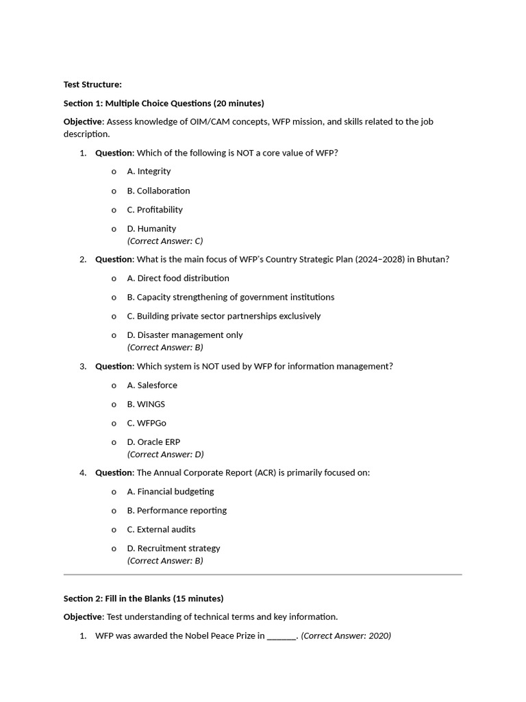WFP - Written Test Preparation | PDF | World Food Programme | Strategic ...