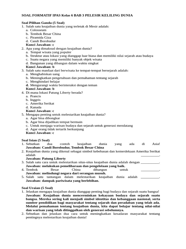 SOAL FORMATIF IPAS Kelas 6 BAB 3 PELESIR KELILING DUNIA | PDF