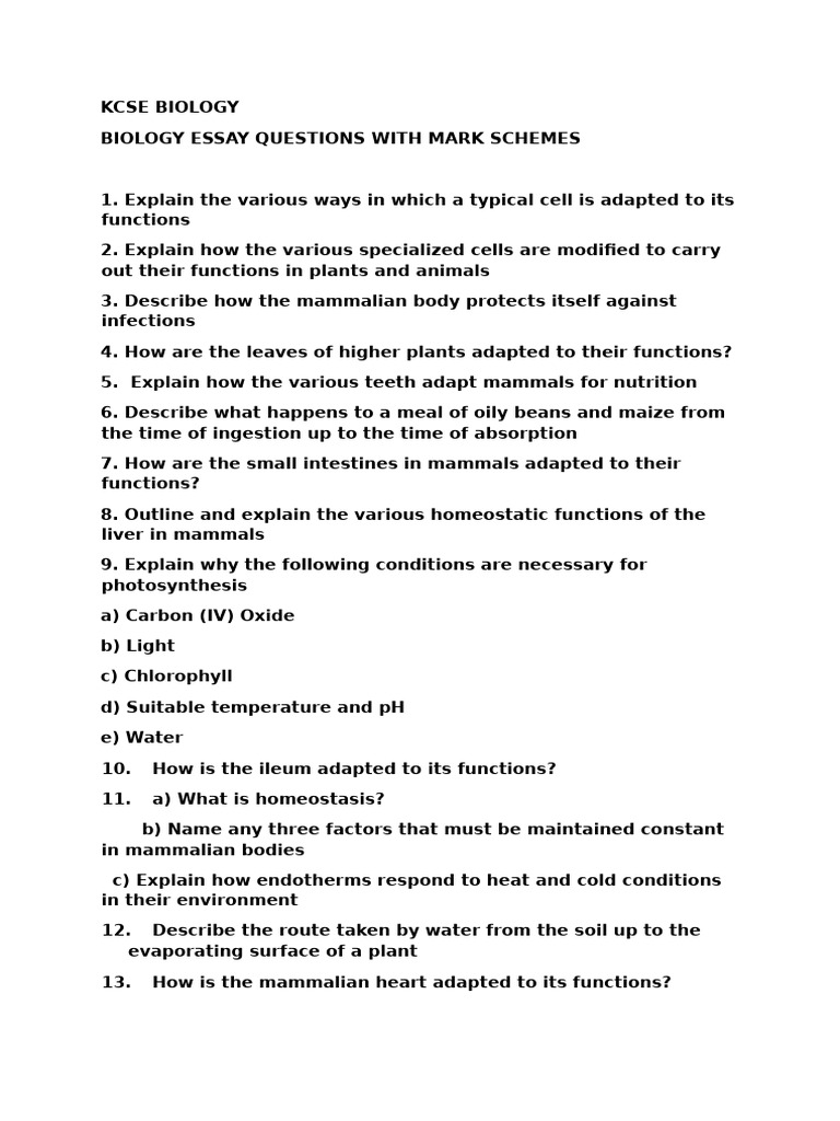 Kcse Biology Essay Questions and Answers | PDF | Homeostasis ...