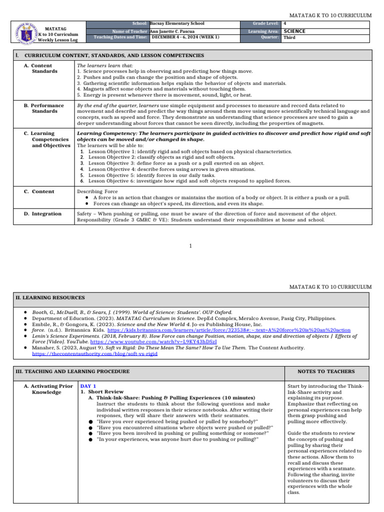DLL_SCIENCE 4 Q3 W1 | PDF | Force | Learning