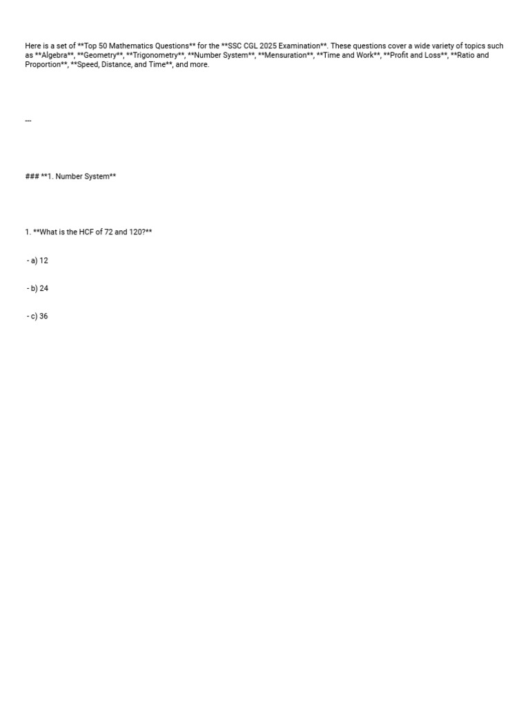 Top 50 Maths Questions CGL | PDF | Area | Elementary Mathematics