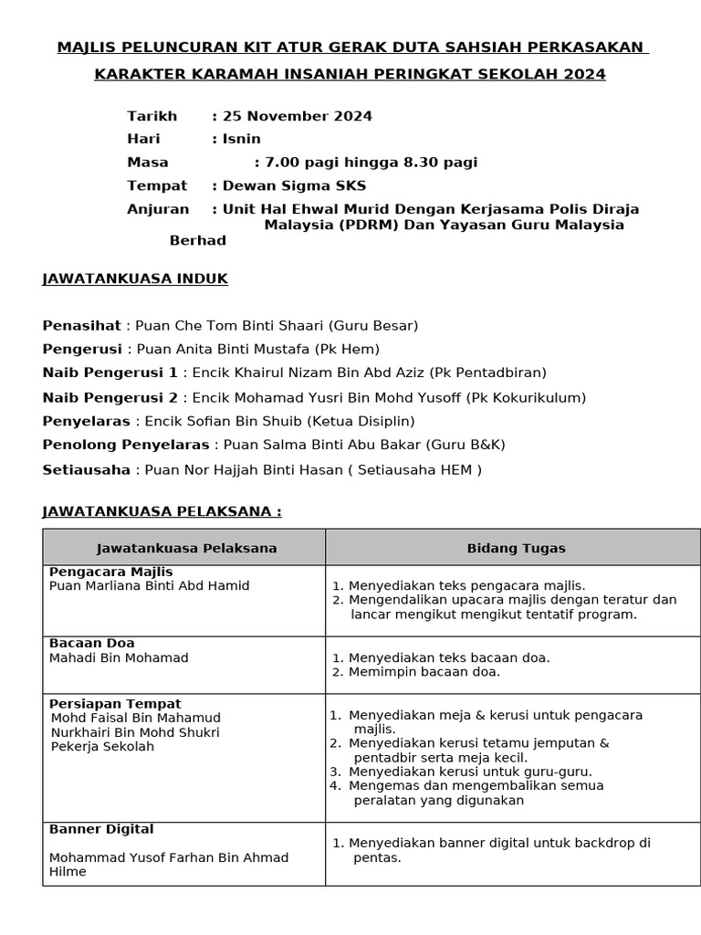 Ajk Majlis Peluncuran Kit Atur Gerak Duta Sahsiah | PDF