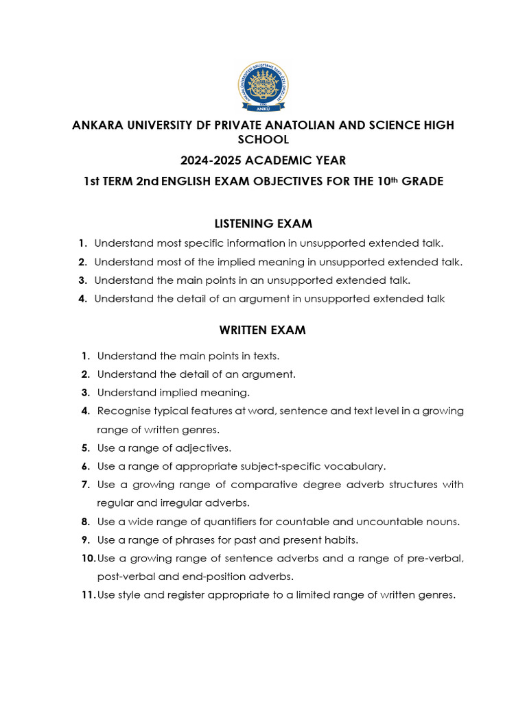 10th Grade English Exam Objectives | PDF