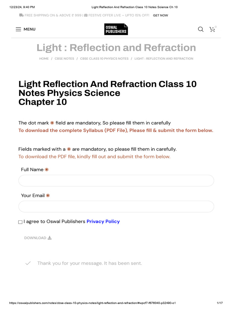 Light Reflection and Refraction Class 10 Notes Science CH 10 | PDF ...