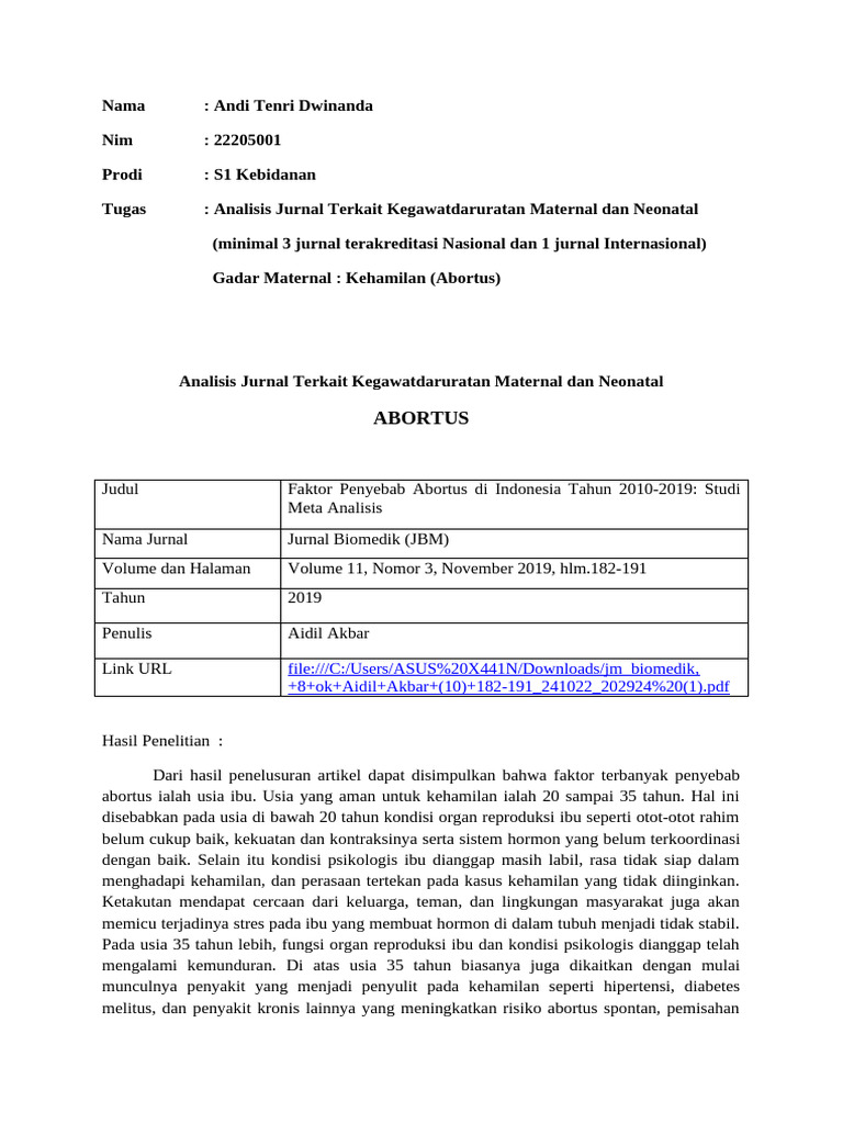 Tugas Analisis Jurnal Kegawatdaruratan Maternal Dan Neonatal (Andi Tenri Dwinanda 22205001) | PDF