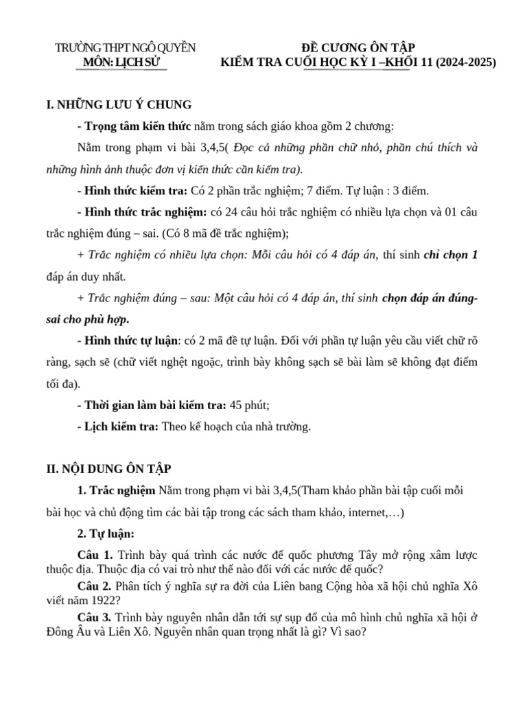 Đe cuong L.su 11- CUỐI HKI (24-25) 1 | PDF