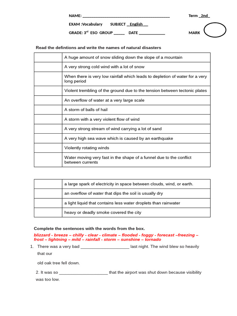 Vocabulary Exam: Natural Disasters | PDF | Rain | Wound