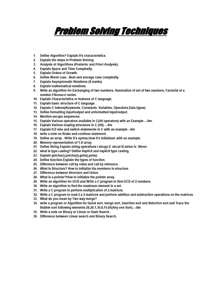 Problem Solving Techniques Question | PDF
