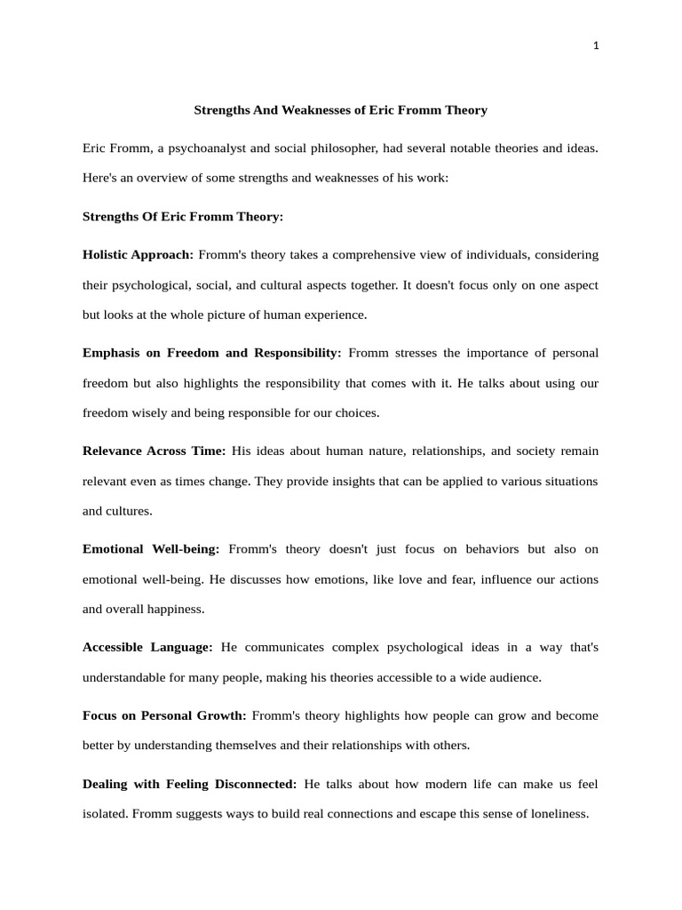 Eric Fromm's Theory: Strengths & Weaknesses | PDF | Theory | Erich Fromm