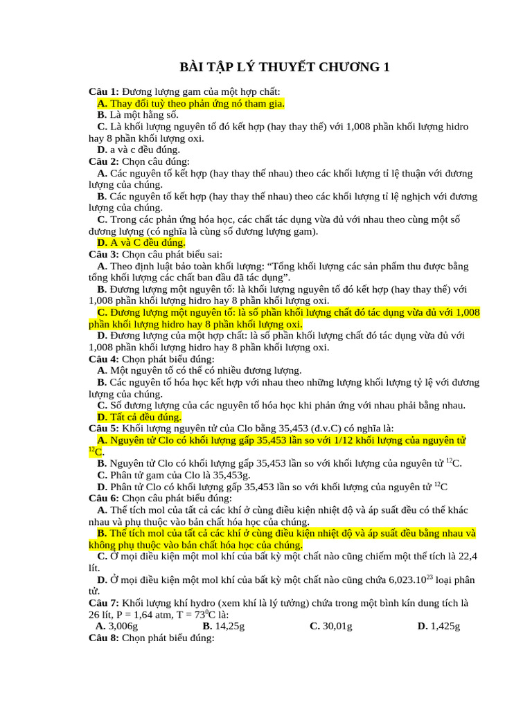 BT Ly Thuyet Chuong 1 | PDF