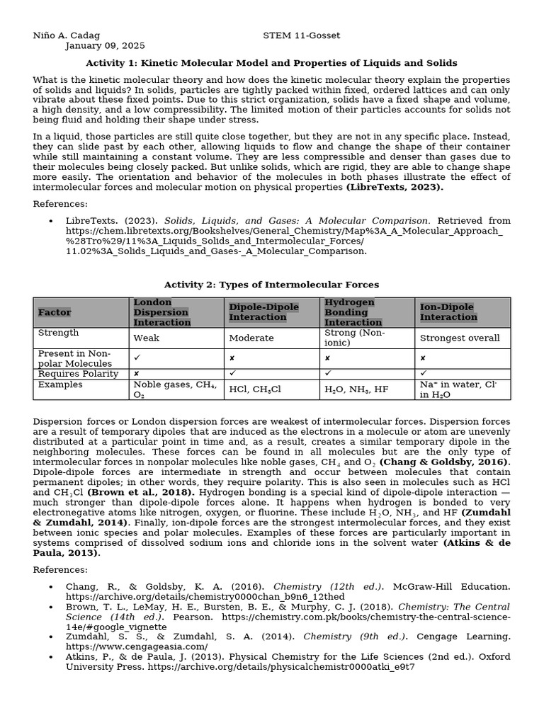 Intermolecular Forces Activities | PDF | Intermolecular Force | Liquids