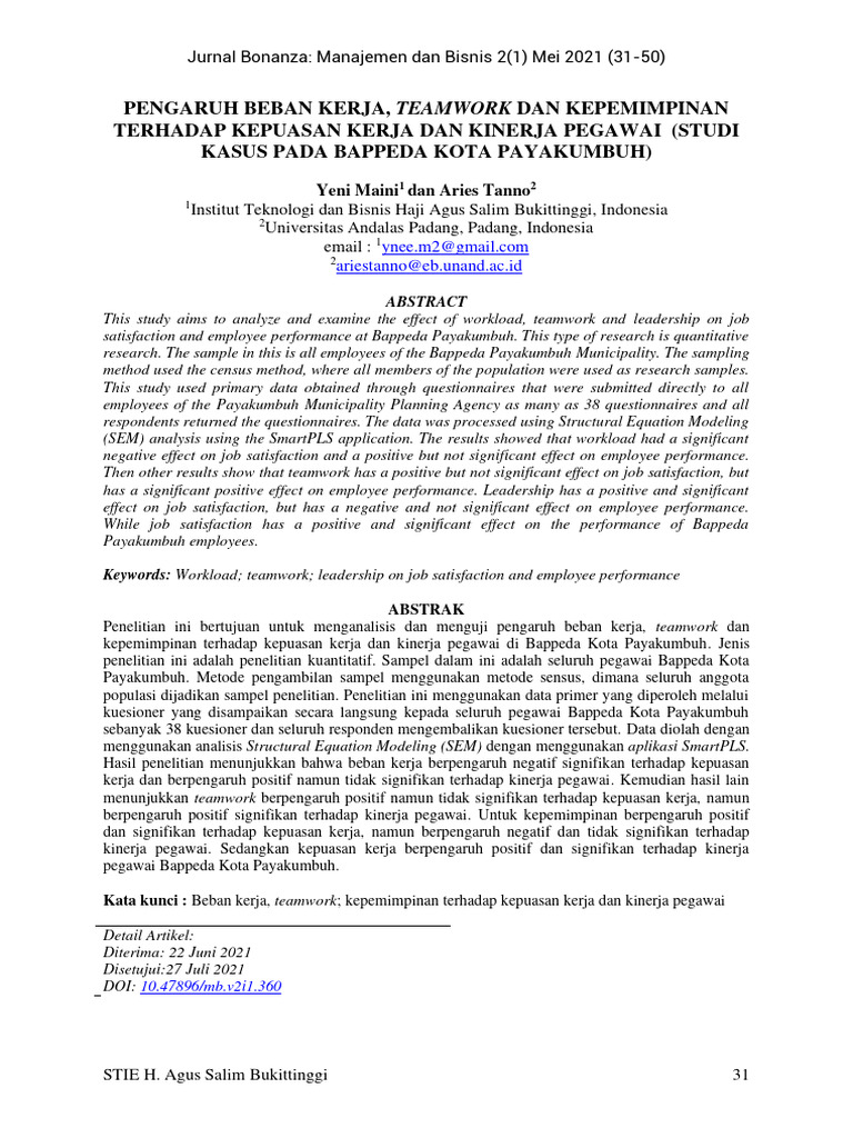 Pengaruh Beban Kerja, Teamwork Dan Kepemimpinan Terhadap Kepuasan Kerja Dan Kinerja Pegawai ...