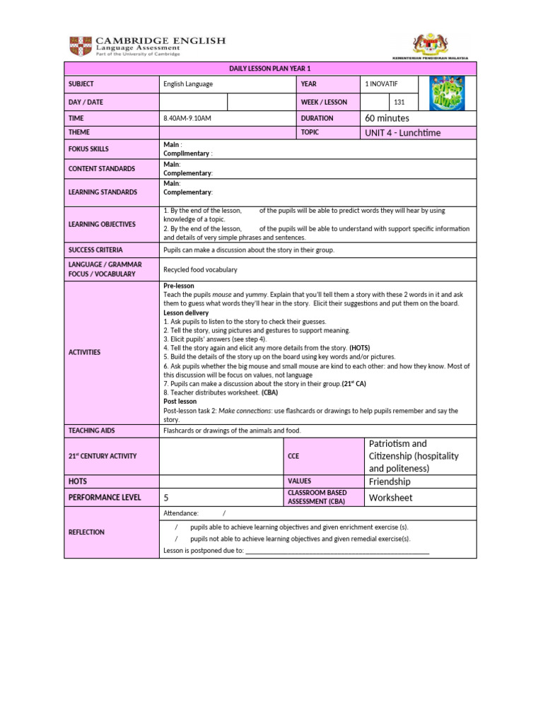RPH BI YEAR 1I (WEEK 31) | PDF | Lesson Plan | Vocabulary