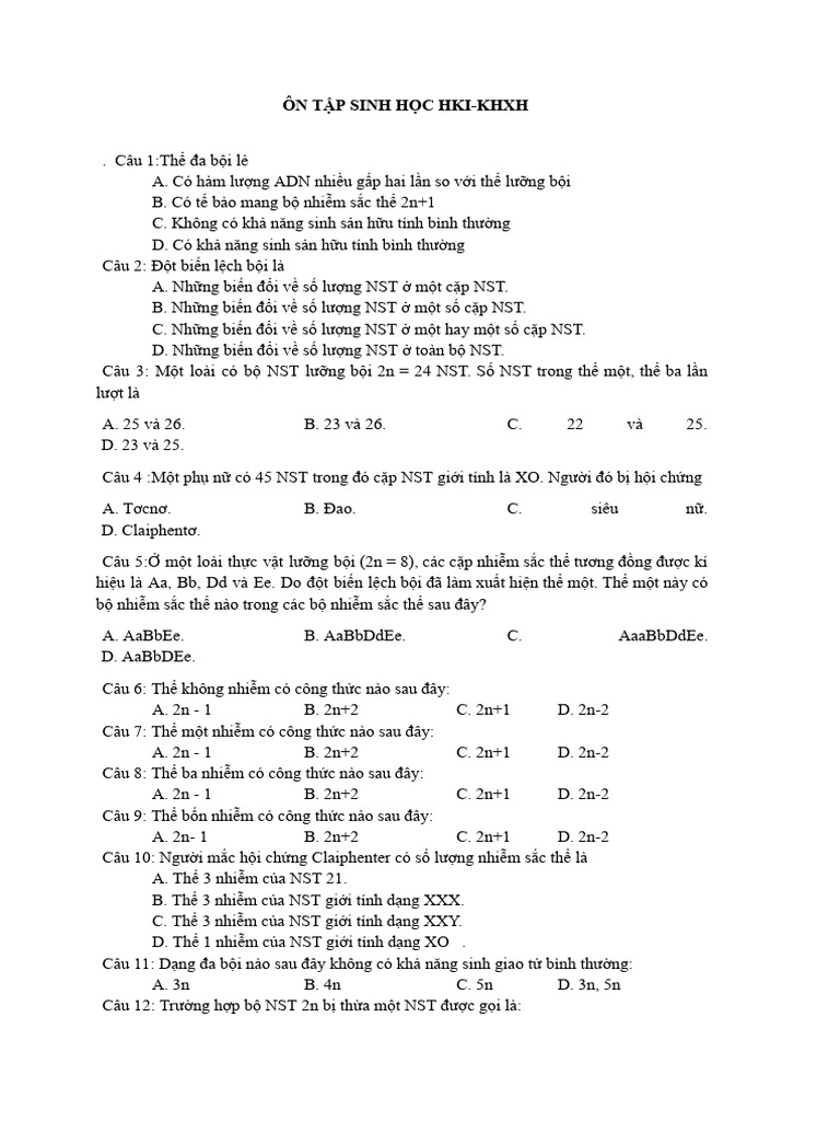 ÔN TẬP SINH HỌC HKI-KHXH | PDF