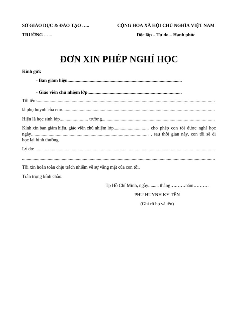 Don Xin Nghi Hoc So 1 | PDF