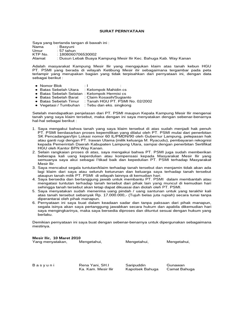 Contoh Surat Pernyataan Penyelesaian Pembayaran Tanah | PDF