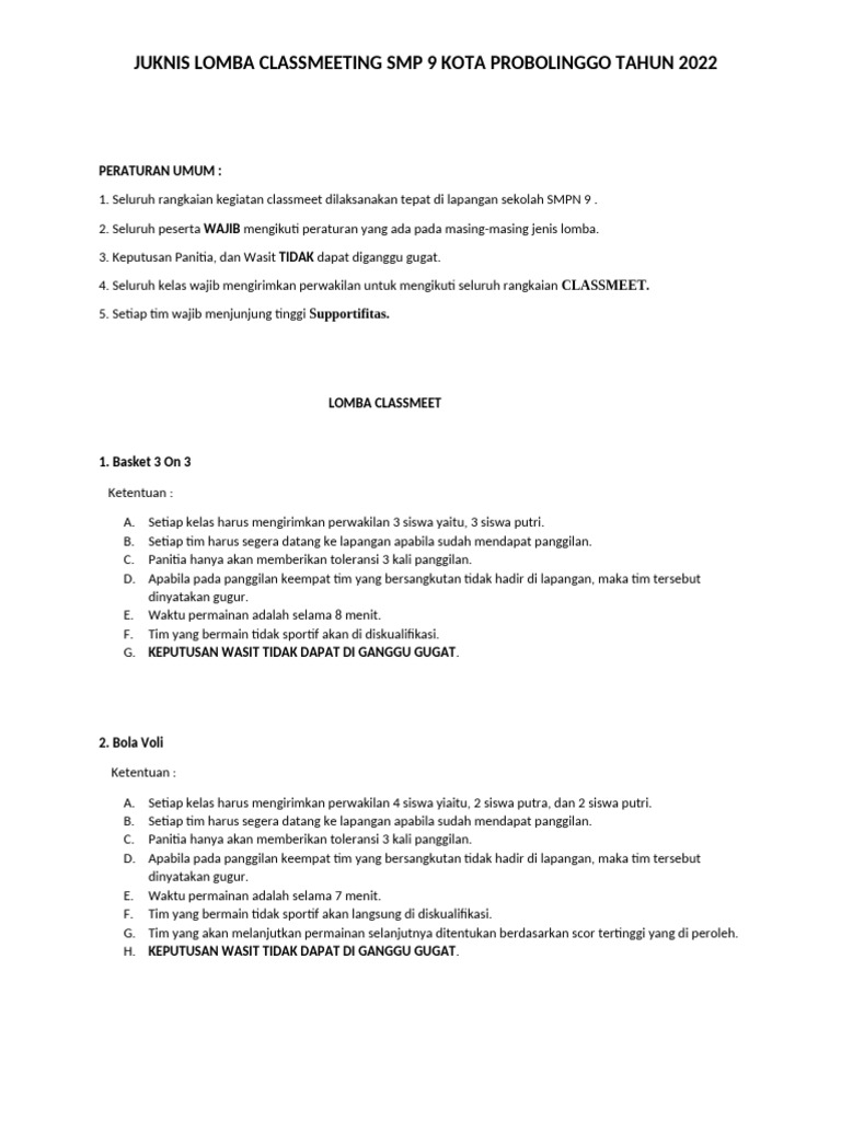 Juknis Lomba Classmeeting SMP 9 Kota Probolinggo Tahun 2022 | PDF