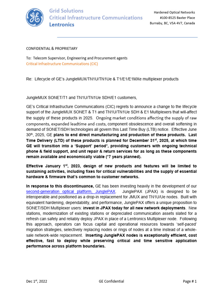GE Lentronics-Lifecycle Statement | PDF | Telecommunications Standards ...
