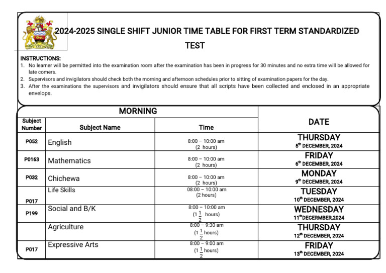 2024 -2025 JUNIOR TIMETABLE FOR FIRST TERM STANDARDISED TEST (1) | PDF