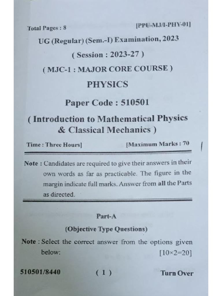 Ug Sem 1 Physics Mjc 2023-27 Pyq | PDF