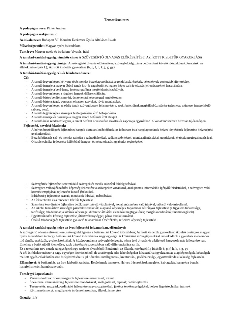 Tematikus Terv 1. Osztály Magyar | PDF