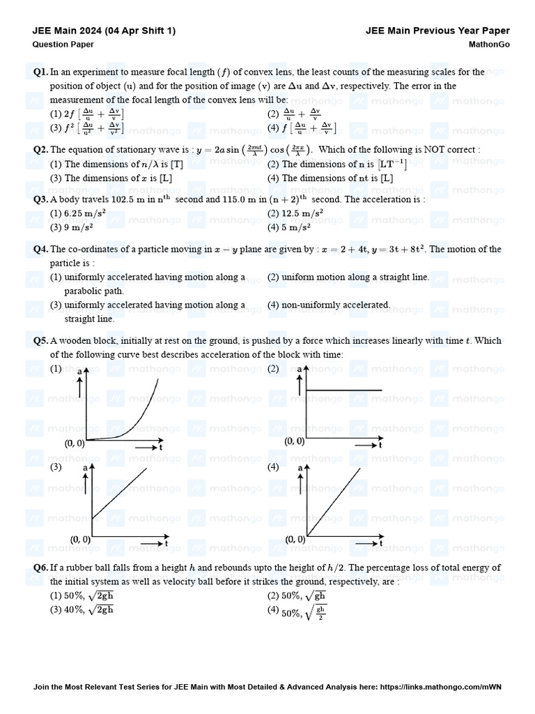 JEE Main 2024 (04 Apr Shift 1) Previous Year Paper With Answer Keys - MathonGo | PDF | Acid | Force