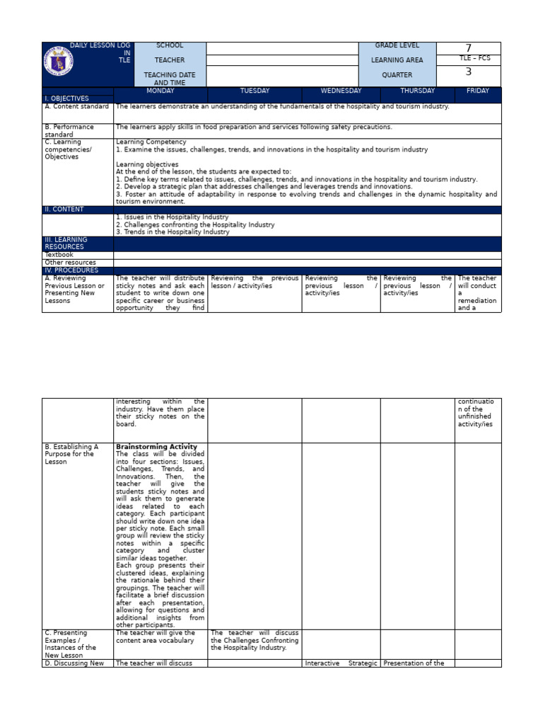 DLL IN TLE FCS 7 Q1 WEEK 3 | PDF | Learning | Innovation