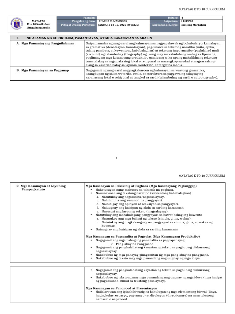 DLL Matatag - Filipino 4 Q3 W6 | PDF