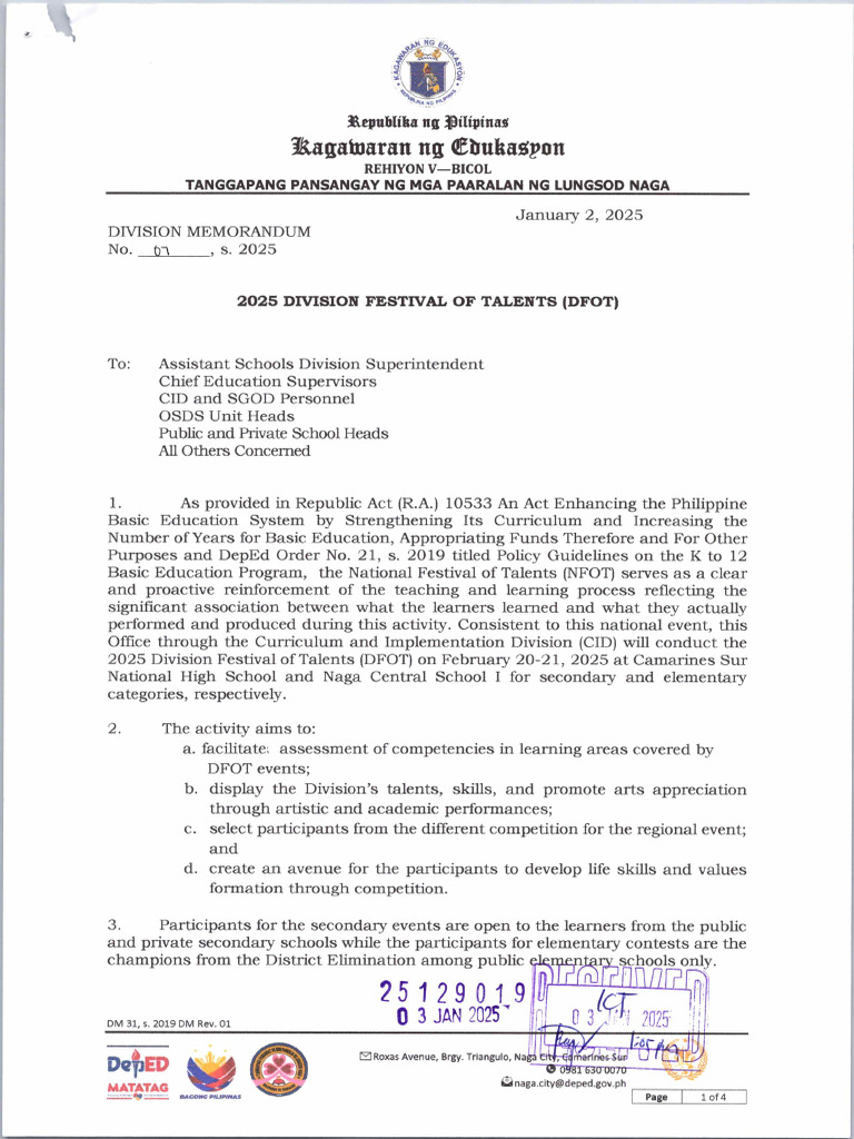DM No. 07, S. 2025 2025 Division Festival of Talents (DFOT) | PDF