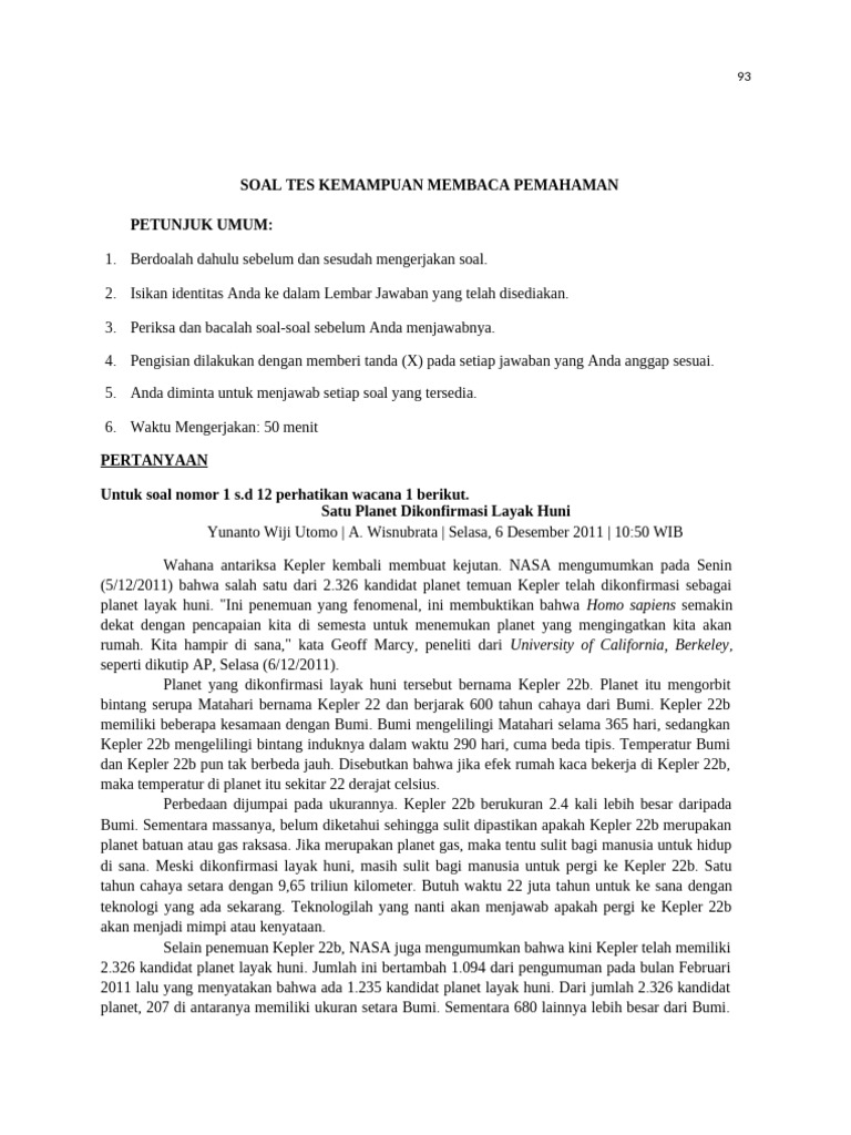 Soal Tes Kemampuan Membaca Kelas 5 SD | PDF