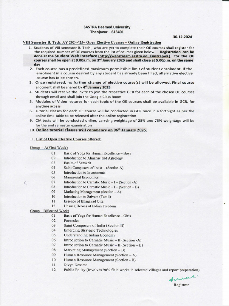 SASTRA 8th Sem Online Electives | PDF