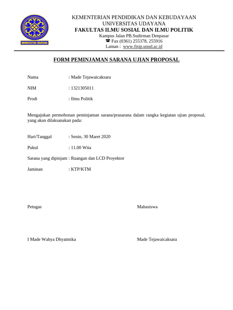 form peminjaman sarana ujian proposal fix | PDF