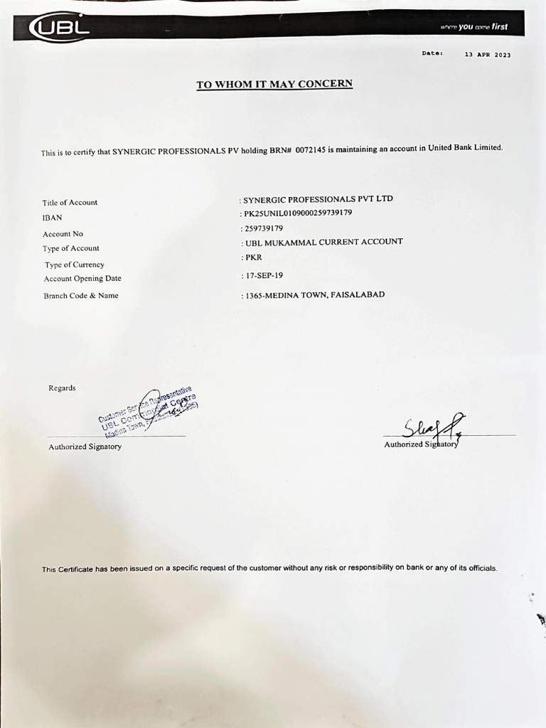 UBL Account Certification for Synergic | PDF