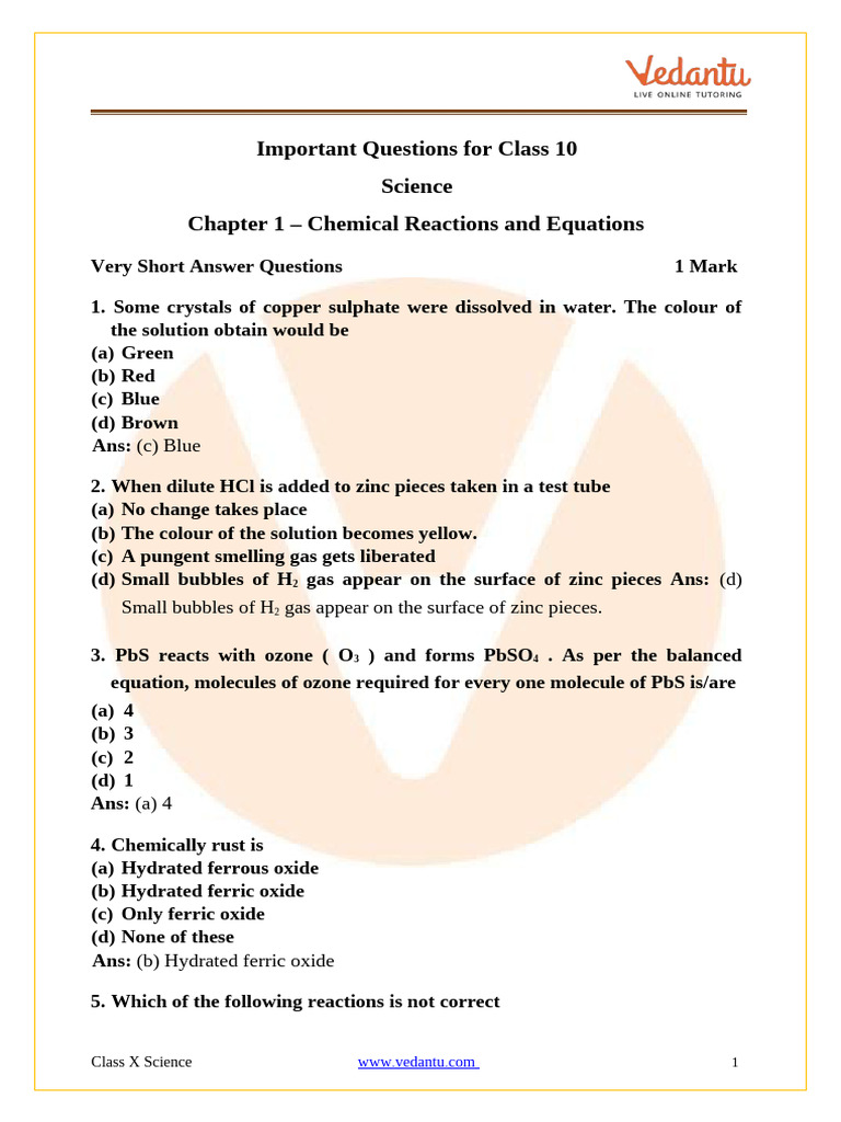 Worksheet 1 2025 Class 10 Chapter 1 Science | PDF | Chemical Reactions ...