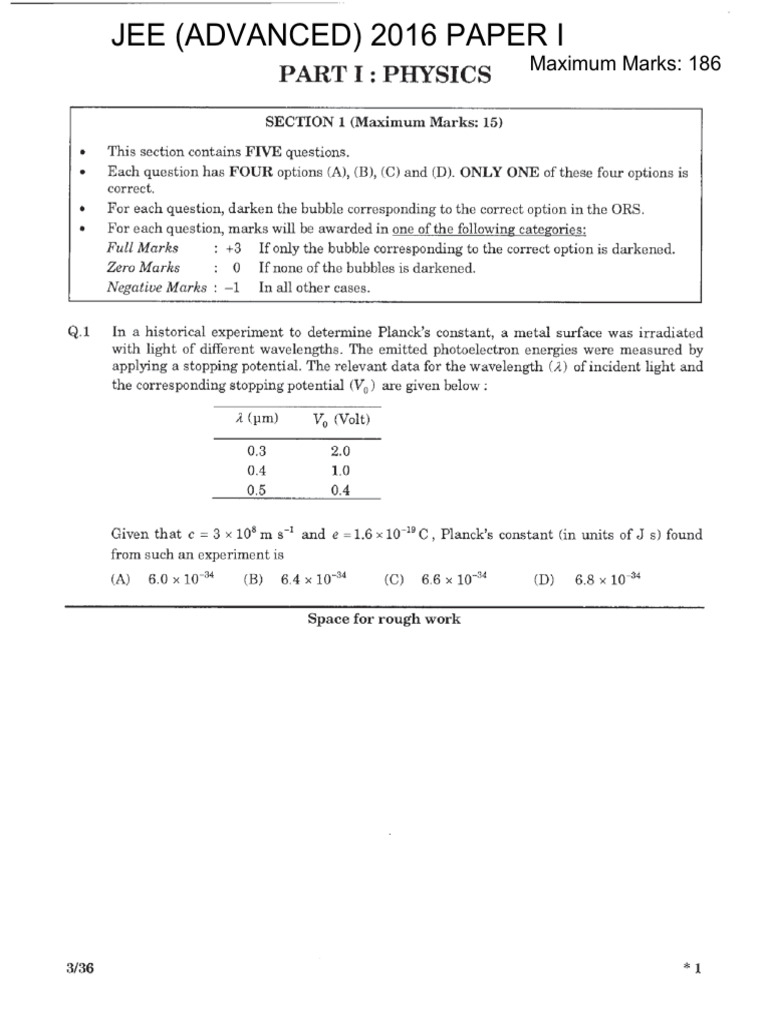 IIT JEE 2016 Paper 1 Unsolved | PDF