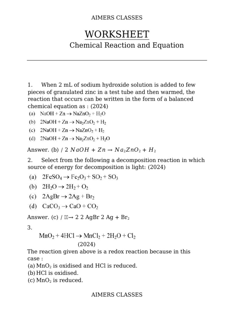 Worksheet Selected Previous Year Questions Class 10 Chemical Reation ...