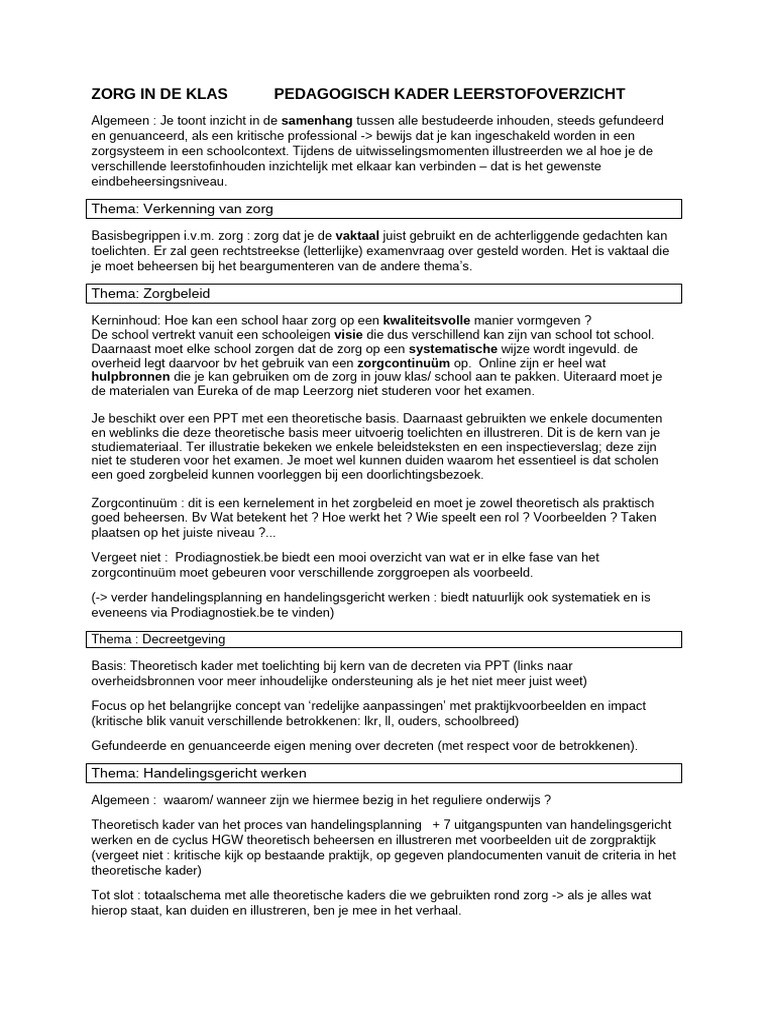 Zorgindeklas PEDKADER LEERSTOFOVERZICHT | PDF