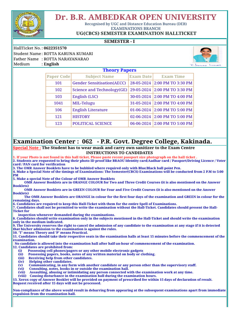 Braou Ug (CBCS) Hallticket | PDF | Government And Personhood