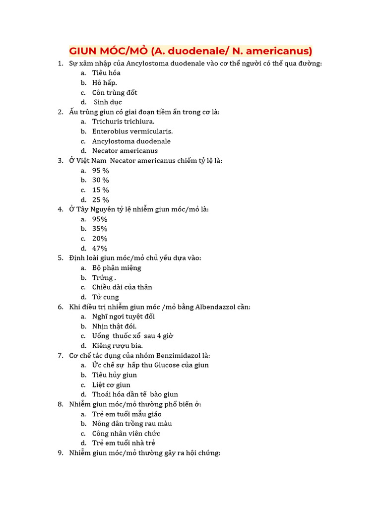 4.GIUN MÓC - MỎ (A. duodenale - N. americanus) | PDF