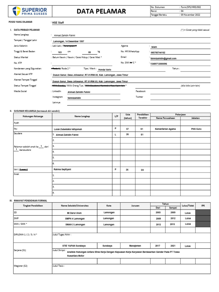 Formulir Data Pribadi Pelamar Kerja | PDF