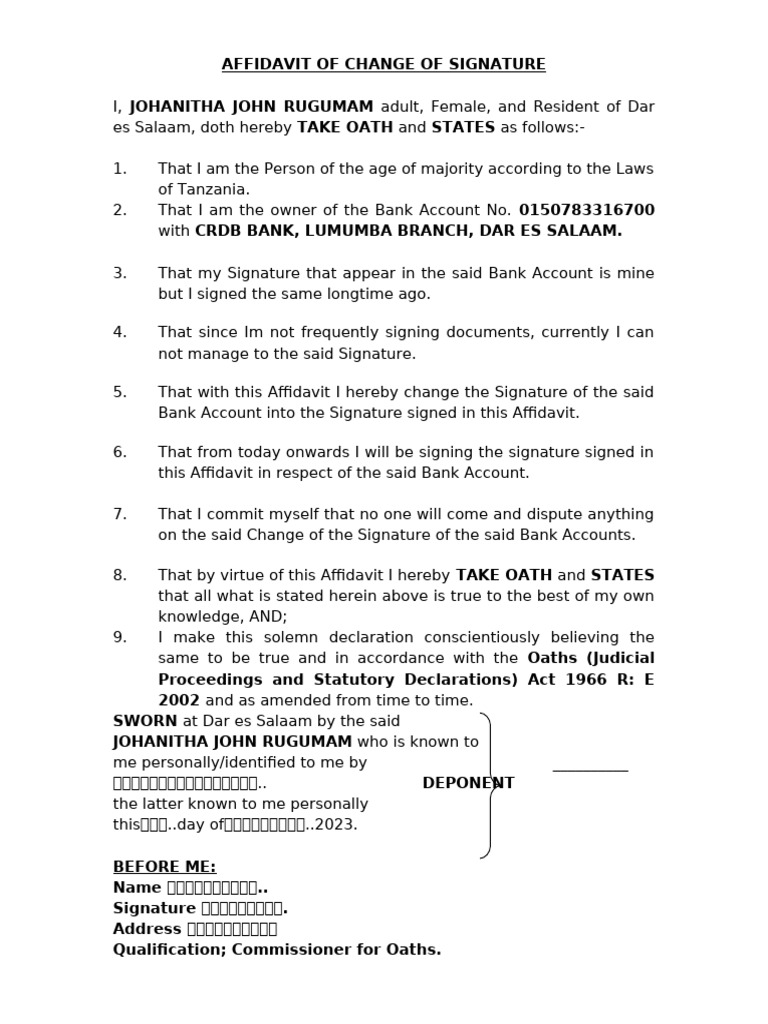 Affidavit of Change of Signature - Johanitha | PDF