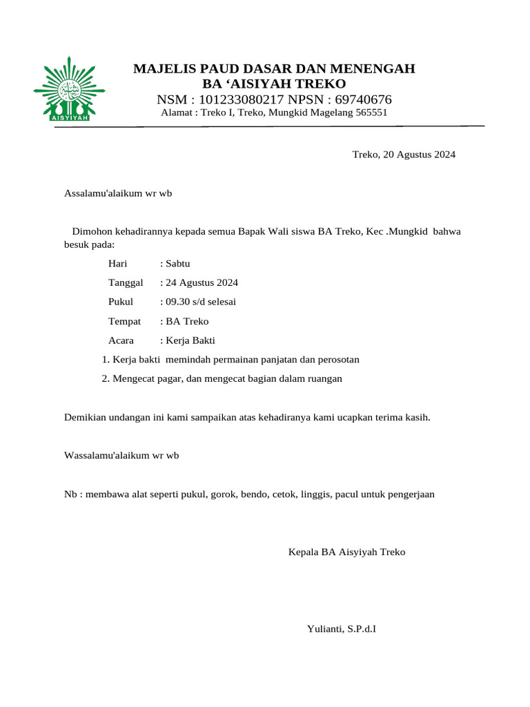 Undangan BA Aisyiyah Treko | PDF