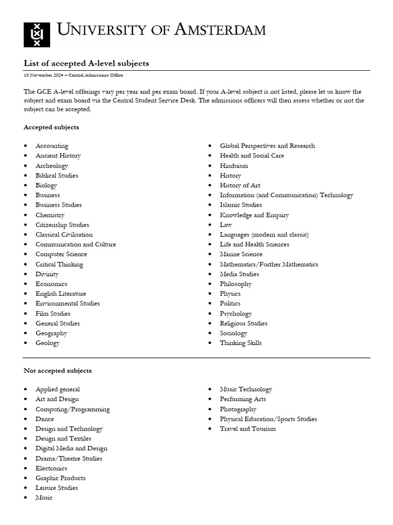 Accepted A-Level Subjects List | PDF | Science | Design
