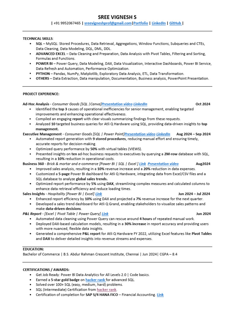 Sree Vignesh --- DA Resume | PDF | Microsoft Excel | Data