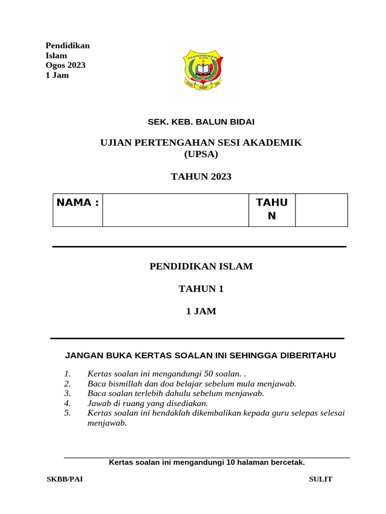Contoh Muka Depan Soalan SKBB | PDF
