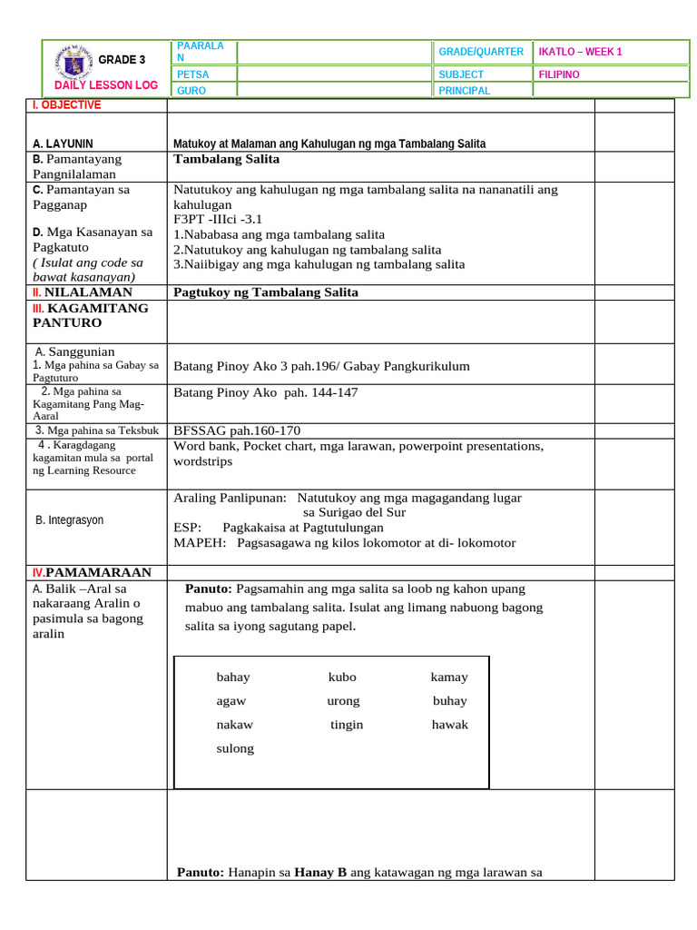 Cot1 Q3 DLP Filipino | PDF