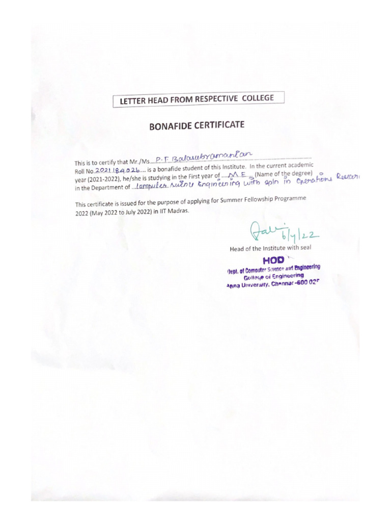 Letter Head From Respective College | PDF