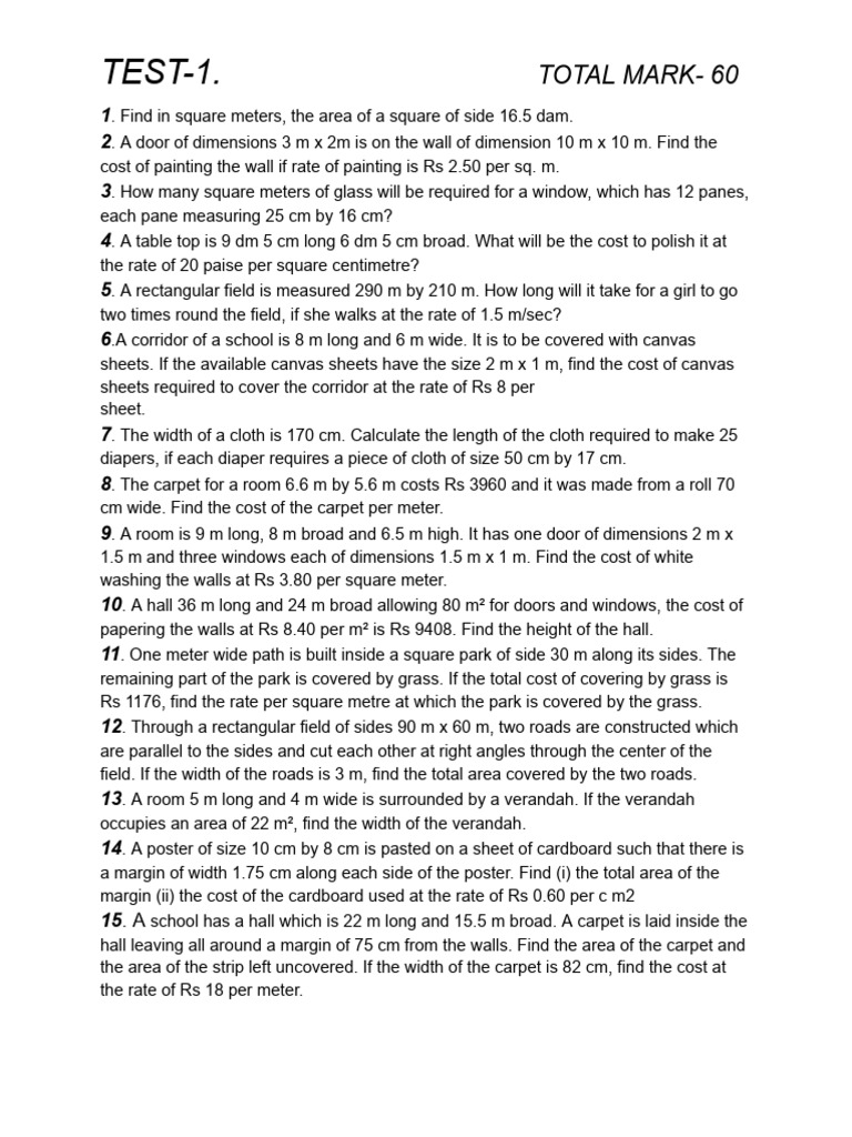 Test 1 Mensuration Class 7 | PDF | Length